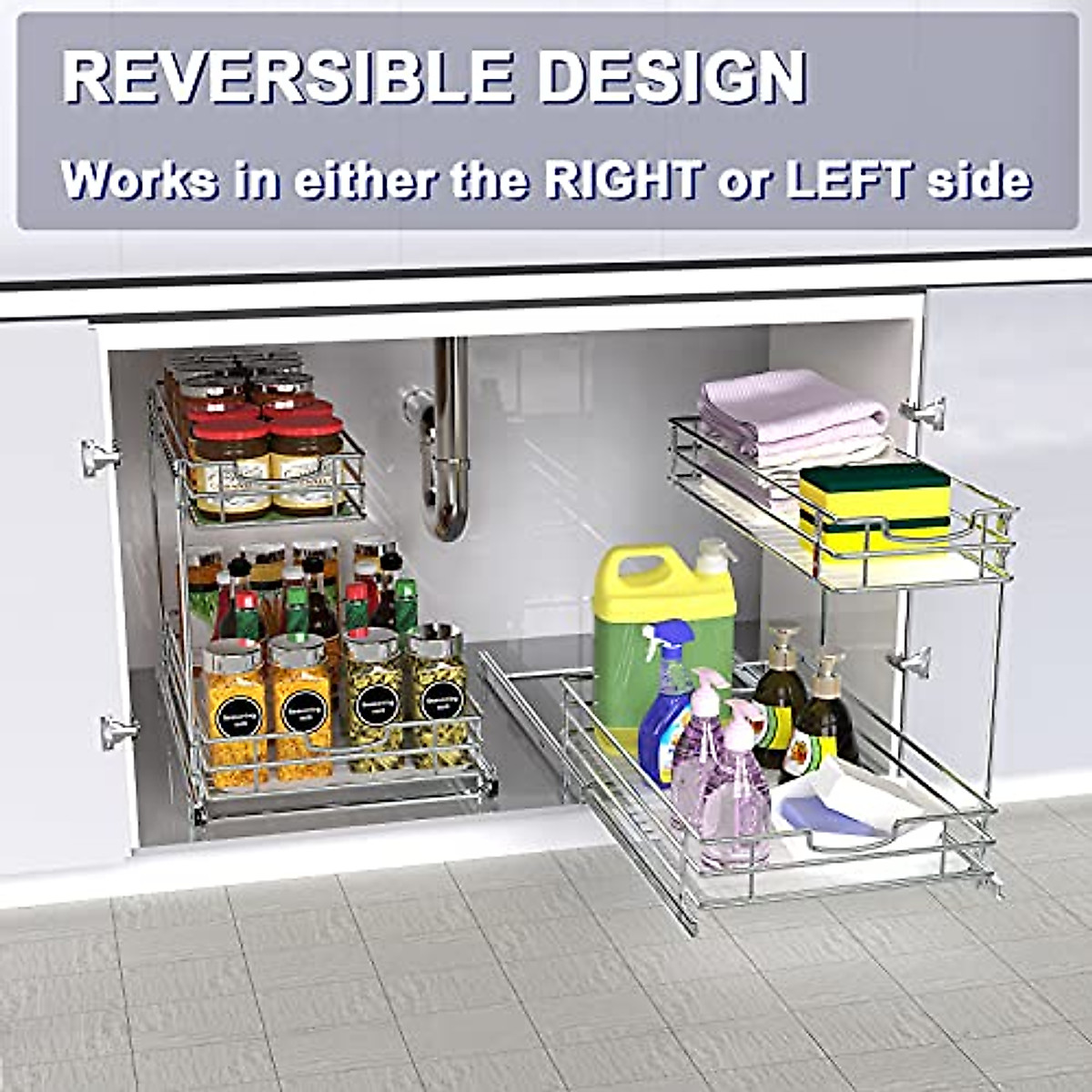 Bextsrack Under Sink Cabinet Organizer Storage with 2 Tier Pull Out Sliding Shelf with Protective Shelf Liners for Kitchen Bathroom Cabinet, 12.2Wx16.5Dx14.5H-Inch