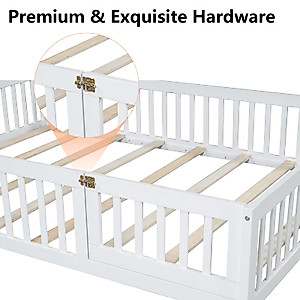 MAKIAAP Full Size Montessori Floor Bed Frame with 12 Inches Height Safety Guardrails and Door,Platform Bed Frame with House-Shaped Headboard for Girls, Boys, Wooden Slat Support, White