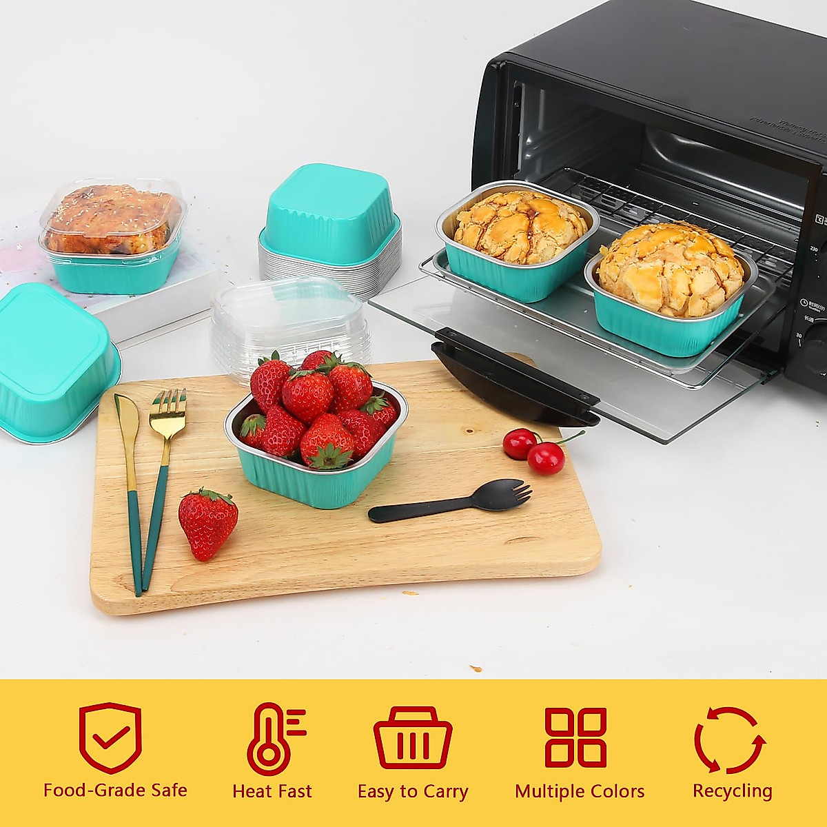 10oz Aluminum Brownie Pans 40 Pack,LNYZQUS Square 4”X4” Disposable Ramekins Cupcake Liners With Lids,Mini Cake Baking Pans,Large Muffin Tin Holders For Catering Gathering-Cyan Blue