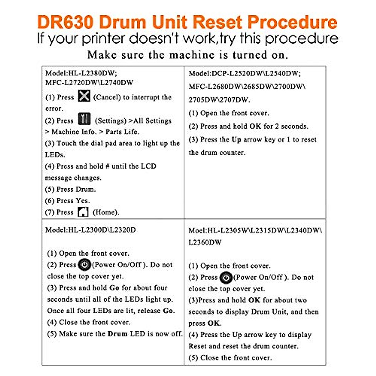 XZMHX DR630 DR-630 Replacement Drum Unit (Not Toner) Compatible for Brother MFC-L2700DW MFC-L2720DW MFC-L2740DW HL-L2300D HL-L2340DW HL-L2380DW DCP-L2540DW Printer (1P Drum Unit ONLY)