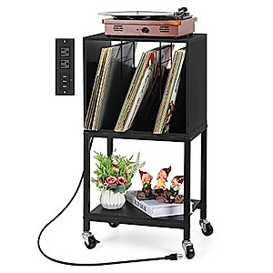 Record Player Stand with Storage, Turntable Stand with Record Storage Vinyl Record Storage with Charging Station 3 Tier Record Player Table Cabinet Black Nightstand with USB Ports and Outlets