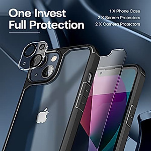 TAURI [5 in 1 Defender Designed for iPhone 13 Case 6.1 Inch, with 2 Pack Tempered Glass Screen Protector + 2 Pack Camera Lens Protector [Military Grade Protection] Shockproof Slim Thin Black