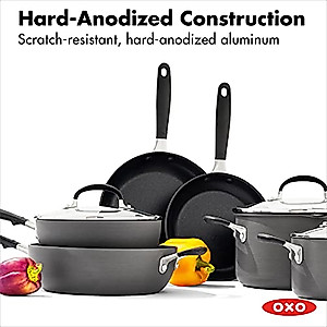 OXO Good Grips 10 Piece Cookware Pots and Pans Set, 3-Layered German Engineered Nonstick Coating, Stainless Steel Handle with Nonslip Silicone, Gray,Black