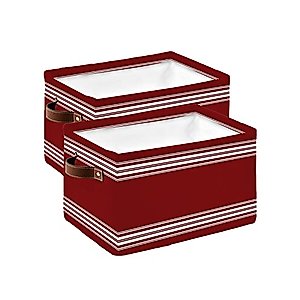 Storage Cubes Organizer with Handles, Rustic Farmhouse Storage Bins Fabric Collapsible Storage Baskets for Shelf Closet Nursery Cloth Organizers Box Burgundy Stripes 2pcs-15x11x9.5in
