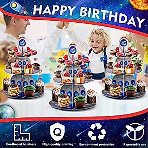 3 Tiers Rocket Space Station Cupcake Stand Outer Space Birthday Party Cardboard Cupcake Holder Decorations Galaxy Party Dessert Tower Solar System Party Supplies for Kids Space Themed Baby Shower