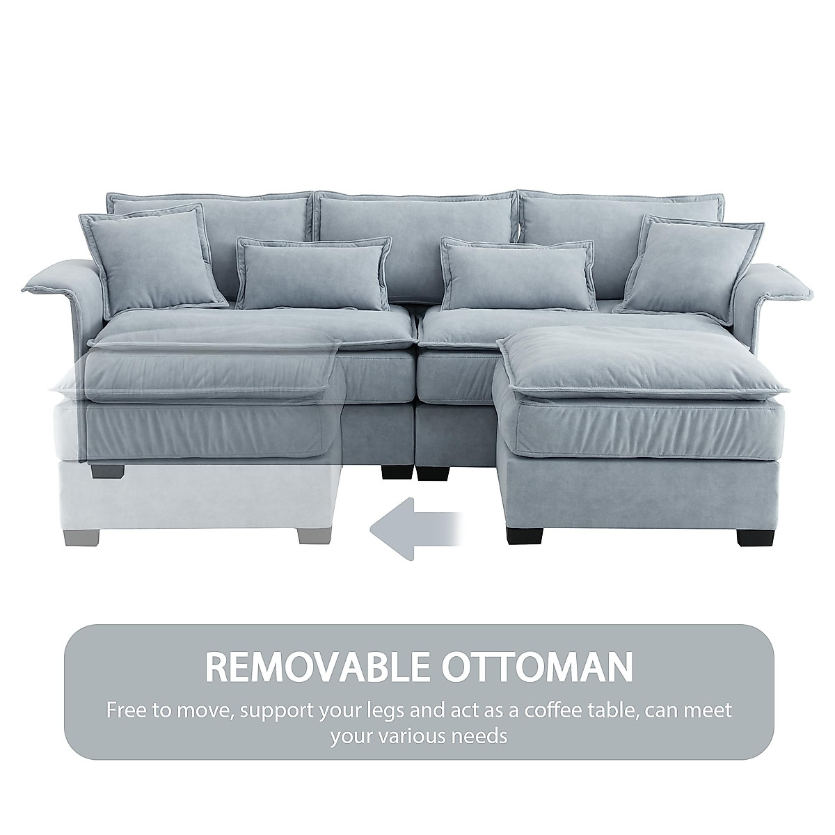 DEINPPA Sectional Sofa with Bentwood Armrests, Modern Deep Seat Sofa Couch with Ottoman, Tech Cloth Upholstered Sleeper Sofa, Comfy Furniture for Living Room, Apartment, Studio, Office-Blue