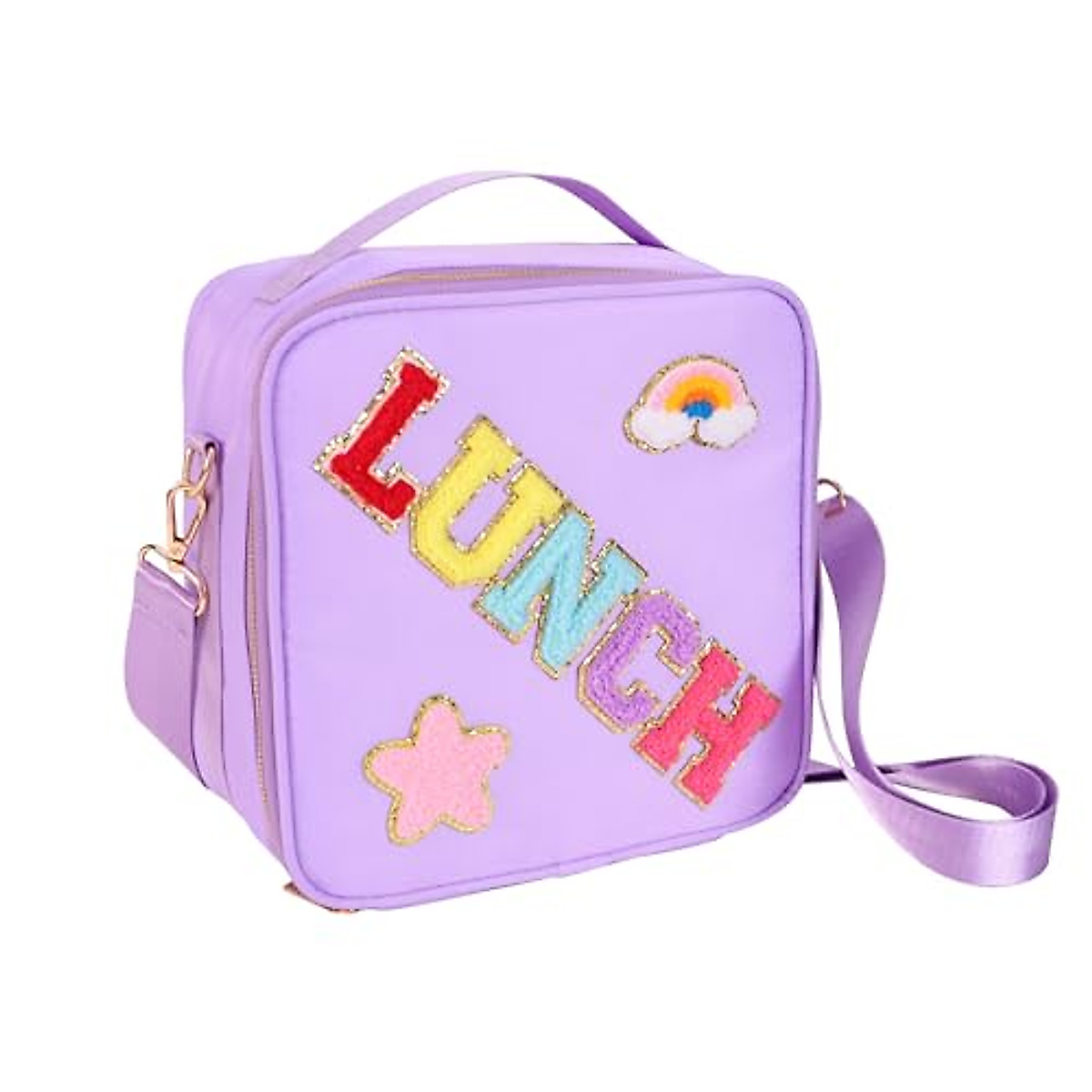 HASOIY Personalized Colorful Letter Patch Insulated Lunch Bag Custom Glitter Varsity Letters Reusable Lunchbox For Kids (purple)