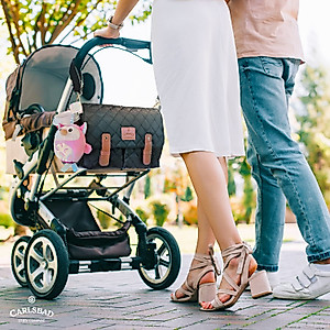 Carlsbad Linen Company Stylish Black Quilted Nylon Universal Stroller Caddy Organizer Cup Holder and Insulated Bottle Pouch 3 Strap Options Included Loose Fit Stable Velcro And Over the Shoulder