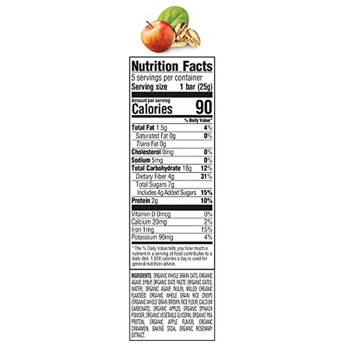 Happy Tot Organics Fiber & Protein Soft-Baked Oat Bars Toddler Snack Apple & Spinach, 0.88 Ounce Bars, 5 Count Box (Pack of 6) (Packaging May Vary)