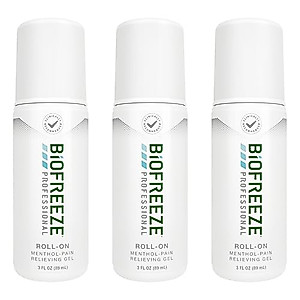 Biofreeze 13566 Professional Menthol Roll-On Pain-Relieving Gel 3 FL oz Green, Backache, Strains, Bruises, & Sprains, Pack of 3