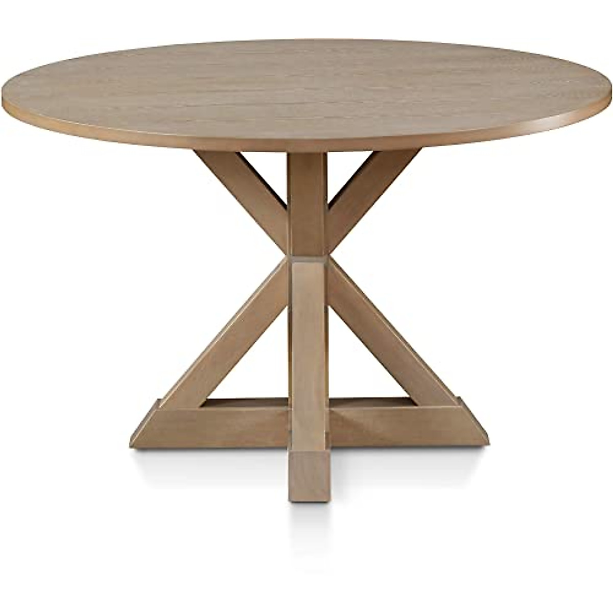 Finch Alfred Round Solid Wood Rustic Dining Table for Farmhouse Kitchen Room Decor, Wooden Trestle Pedestal Base, 46.5" Wide Circular Tabletop, Distressed Beige