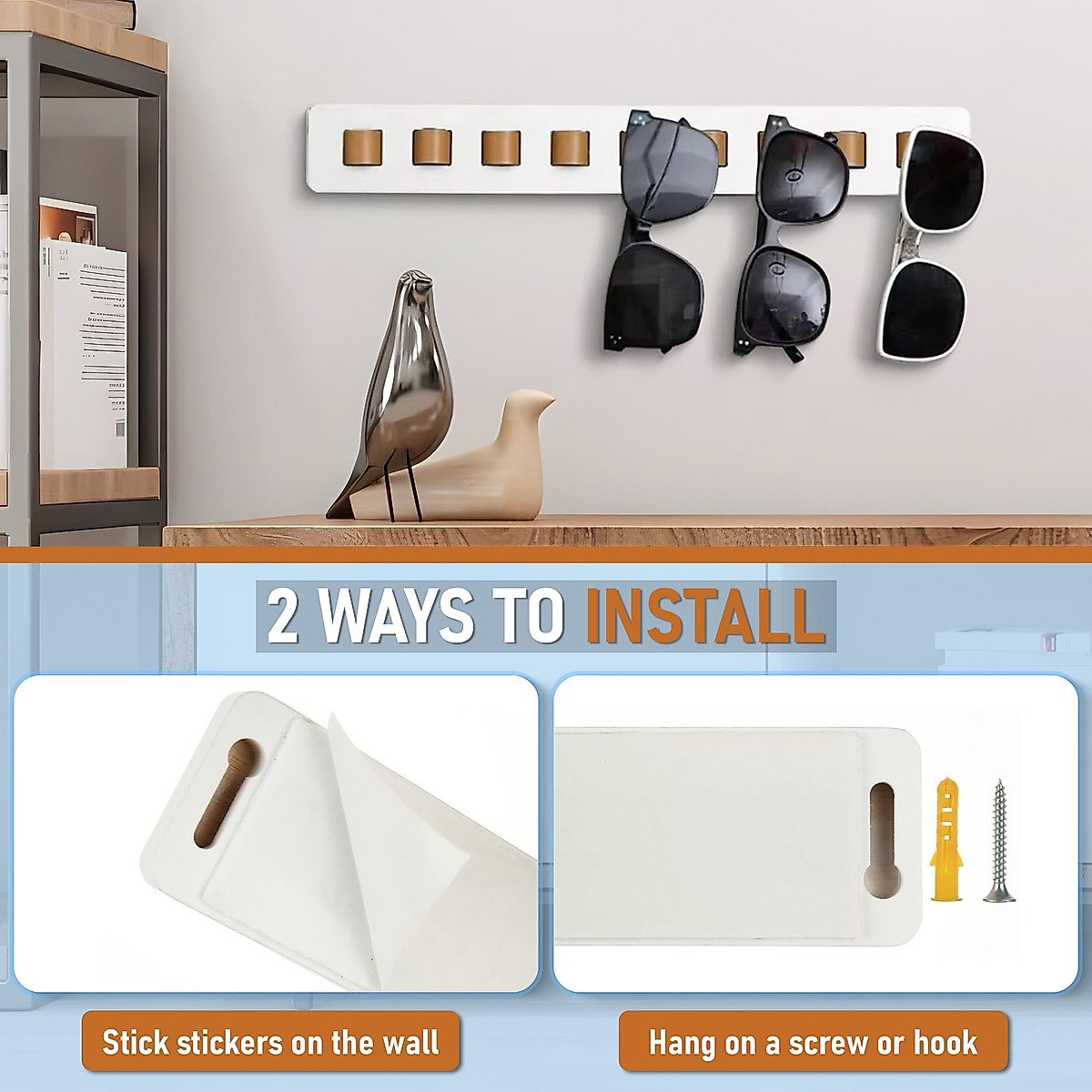 SOULE Versatile Quality Sunglasses Holder, Wall Mounted Eyeglasses Organizer with Hooks (White)