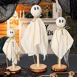RERCIT 3 Pack Halloween Ghost Kits Decor Indoor with Wooden Stand, Halloween Centerpieces for Tables, Halloween Mantel Decorations