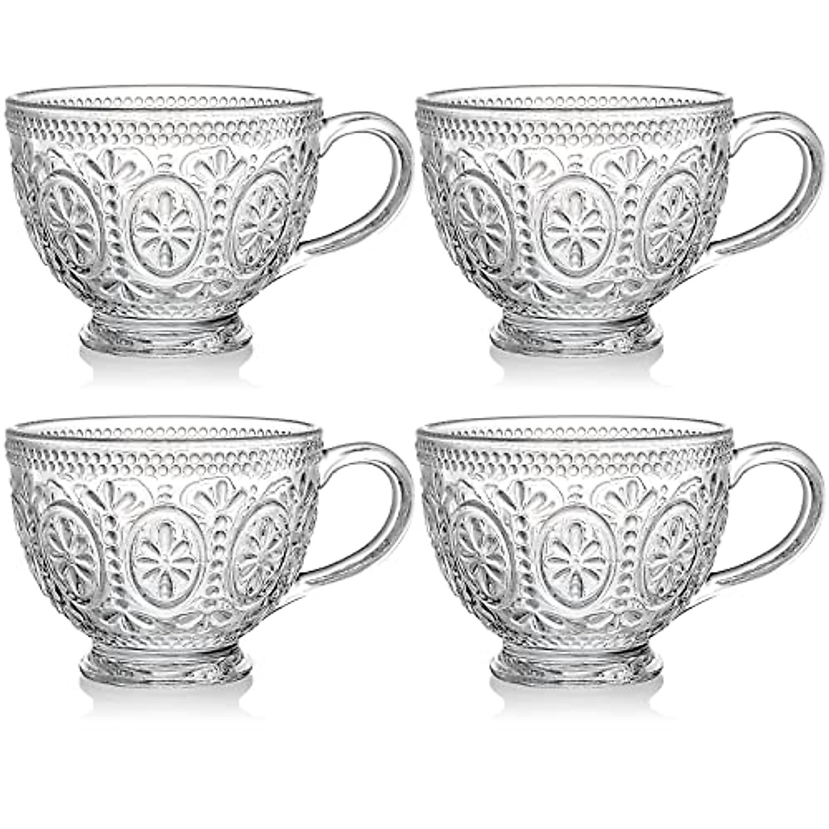 Bekith Set of 4 Glass Coffee Mugs 13 Ounces, Vintage Glass Coffee Mugs with Spoons, Clear Embossed Glass Cups Set for Cappuccino, Latte, Cereal, Yogurt, Tea, Beverage Hot/Cold