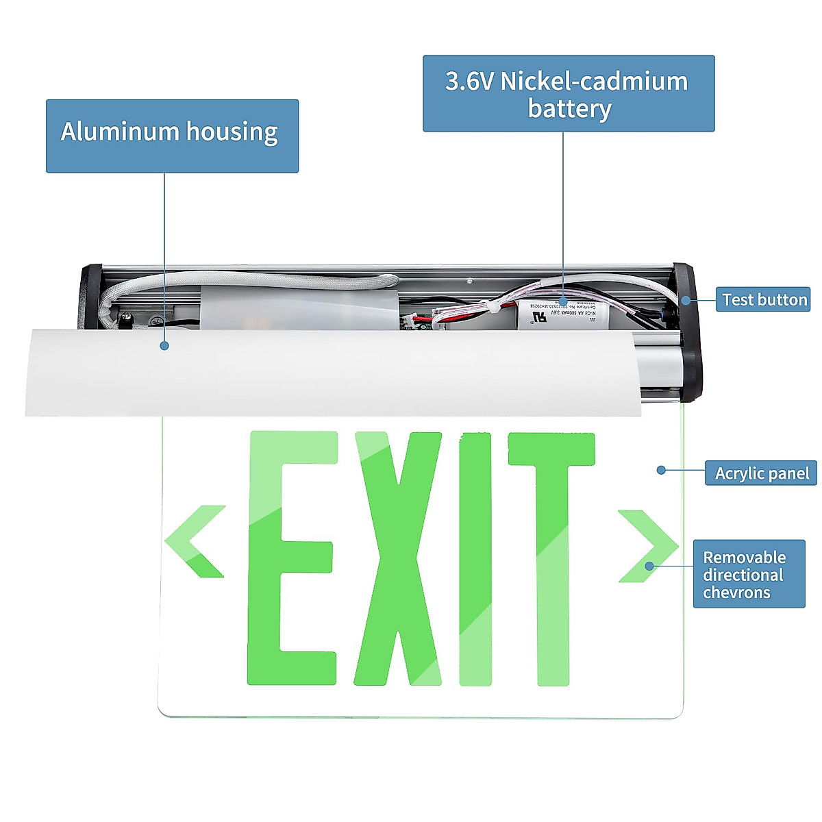 CM MZY Green Exit Signs for Business, LED Edge Lit Exit Sign, UL 924, Hardwired Emergency Exit Lights with Battery Backup, Aluminum Housing with Rotating Acrylic Clear Panel, AC 120/277V, 1 Pack