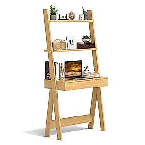 Tangkula Ladder Desk with Countertop & Drawer, Freestanding 2-Tier Ladder Shelf Desk, Modern Computer Desk Laptop Table with Storage Bookshelf, Anti-Toppling Device (Natural)