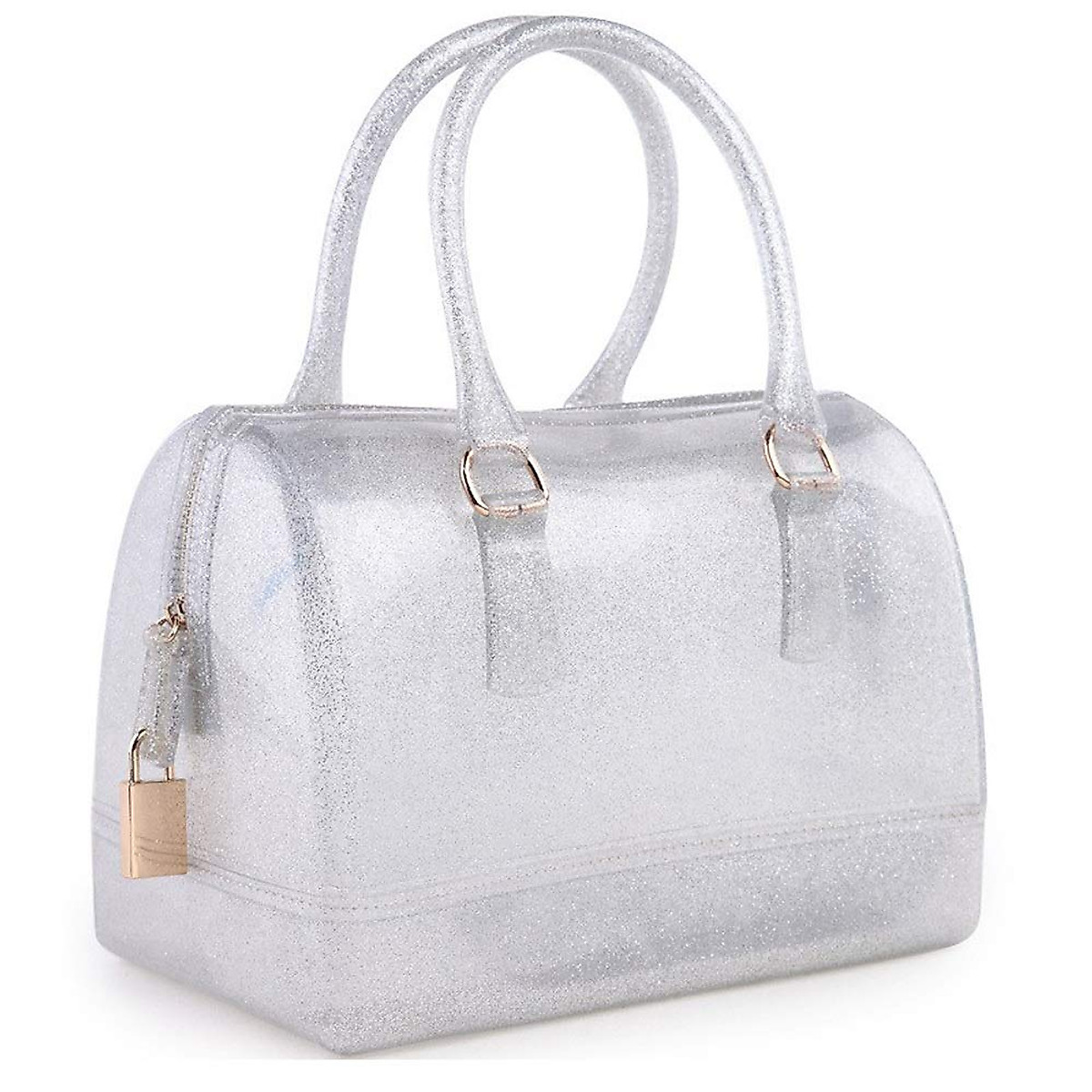 Ladies Summer Jelly Pillow-shaped Top Handle Handbag Candy Color Transparent Crystal Purse (Glitter Silver)