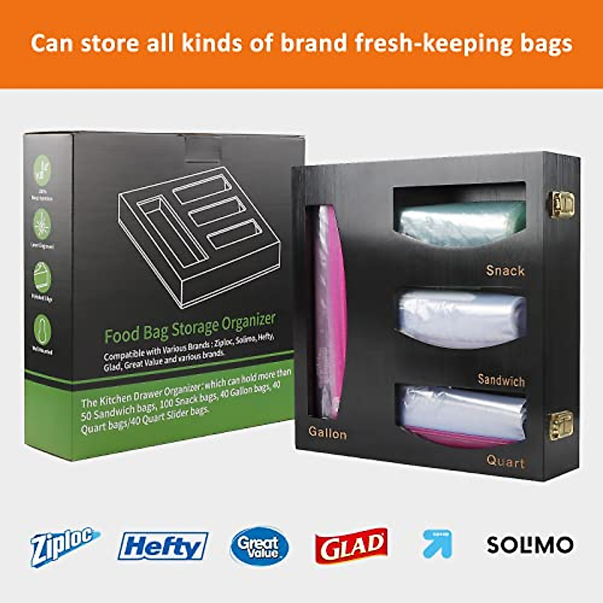 Ziplock Bag Organizer for Kitchen Drawer, Bamboo Organizer, Compatible with Gallon, Quart, Sandwich and Snack Variety Size Bag