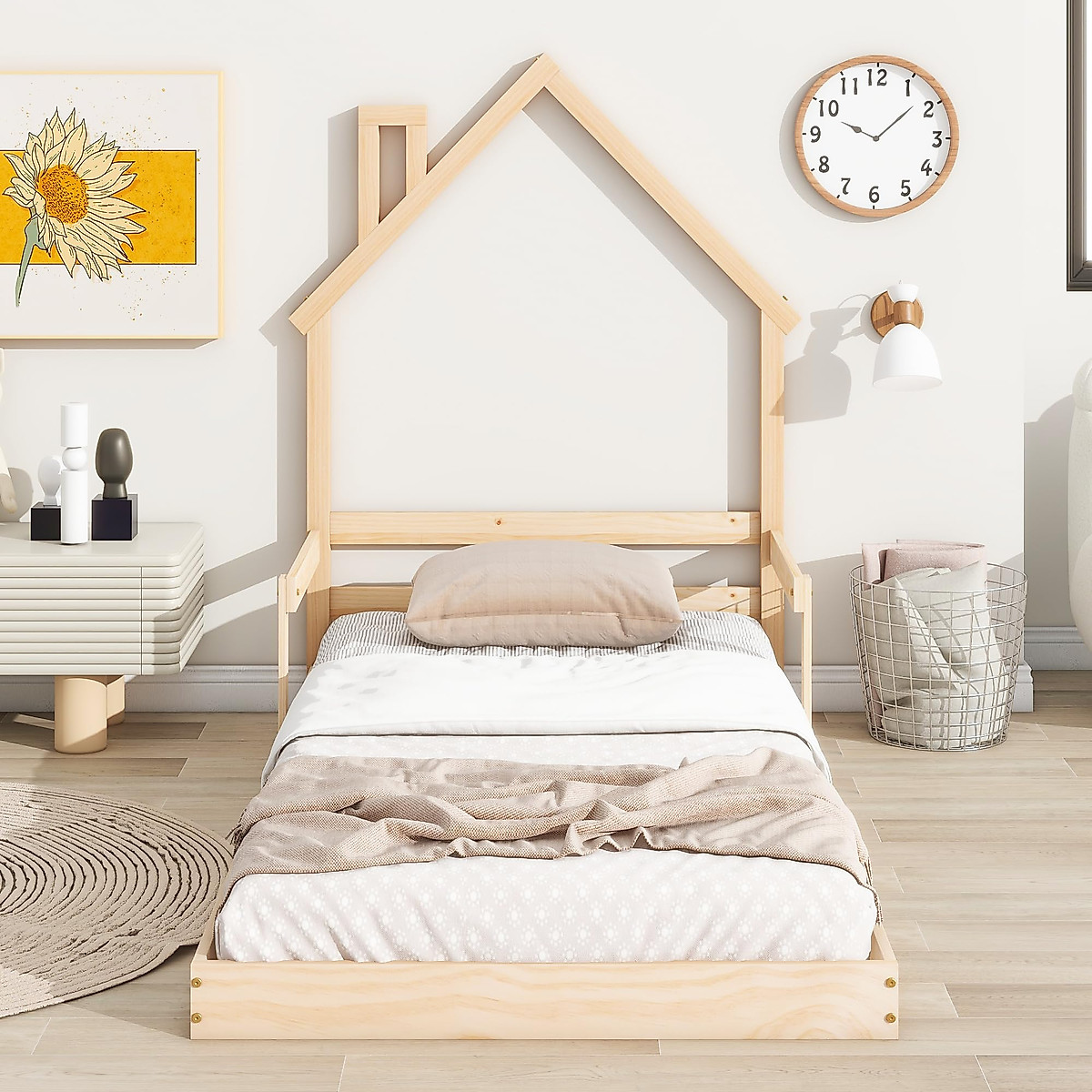 Dolonm Twin Size Floor Bed with House-Shaped Headboard and Handrails, Wooden Bed Frame with Slats, Gift for Bedroom Decor, Twin Size (Natural Wood)