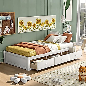 BOVZA Twin Size Platform Storage Bed with 3 Drawers, Wood Daybed Frames for Kids Teens Adult, for Living Room Bedroom Guest Room, No Box Spring Needed, White