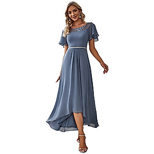 Ever-Pretty Women's Ruffles Sleeve High Low Lace Beaded Chiffon Midi Bridesmaid Gowns Wedding Guest Dress Dusty Blue US14