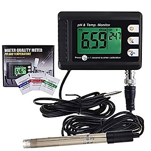 2 in 1 Temperature pH Monitor Meter Tester Sensor Test Kit 0~14 pH Automatic Calibration BNC Electrode Probe for Hydroponic ph Aquarium Meter Water Lab Food Drinking Water pH of Saltwater/Seawater