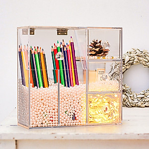 weddingwish Makeup Brush Holder with 3 drawers, Acrylic Makeup Organizer, Covered Costmetic Storage Box with Pink Beads,Heavy-Duty Acrylic, Bathroom Cosmetics Storage System…