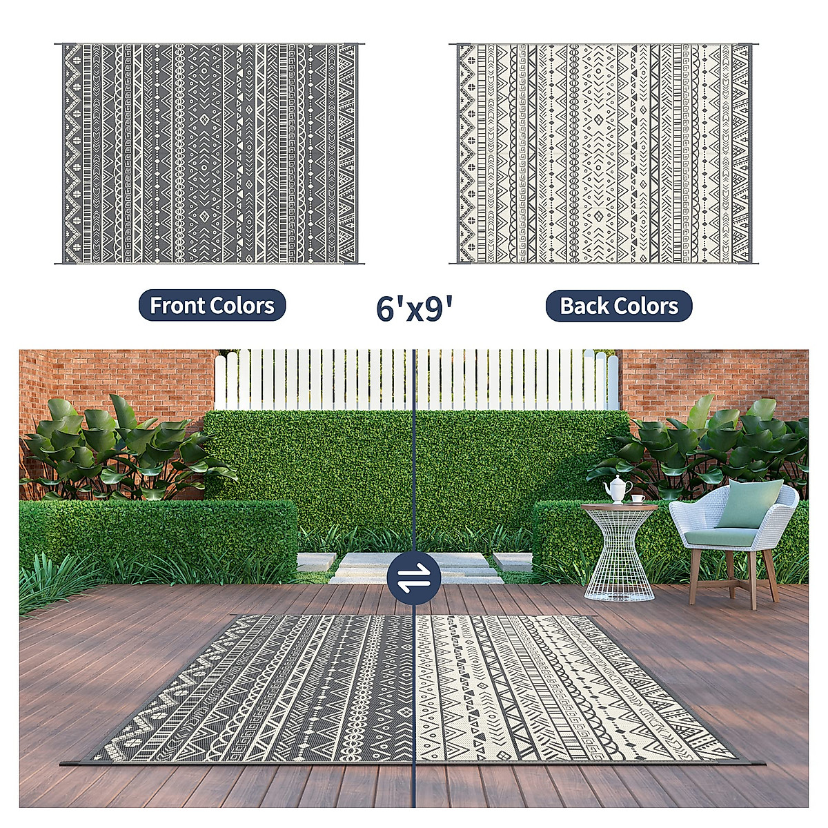 MCOW 6'x9' Boho Outdoor Rugs for Patios, Waterproof Plastic Straw Rug, Reversible Rv Area Mat Clearance for Outside, Camping, Deck, Camper, Porch, Balcony, Backyard, Picnic, Grey&White