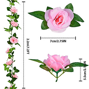 PONKING Artificial Rose Vine Flowers with Green Leaves, 3 Vine 22FT Hanging Fake Flower Garland, Roses Vine for Home Hotel Office Wedding Party Garden Craft Wall Decor, Pink