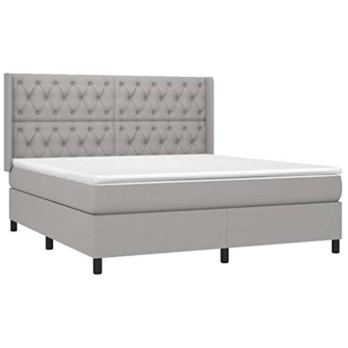 loibinfen Queen Fabric Box Spring Bed with Mattress Set,Included 1 x Bed Frame/1 x Headboard with Ears-A/1 x Mattress/1 x Mattress Topper, Light Gray with Black Legs(Style F)