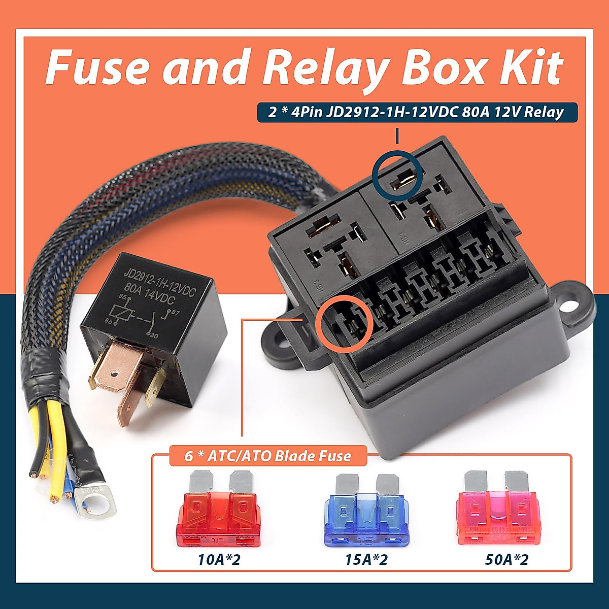 Pre-Wired Fuse Relay Box with 2 Relay Slots and 6 ATC/ATO Fuse Holder, 2 4Pin 80A Relays and 6 ATC ATO Fuses, Universal Waterproof Relay Fuse Block for Automotive Car Truck Boat Marine RV
