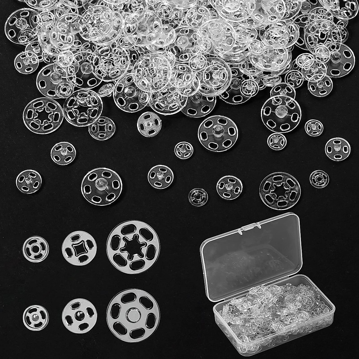 150 Sets Plastic Snap Fasteners Buttons Invisible Sewing on Snap Buttons 7.5 mm 10 mm 15 mm Round Clear Press Button Transparent Sew-on Button with Storage Box for Shirts Clothing DIY Craft Baby Bibs
