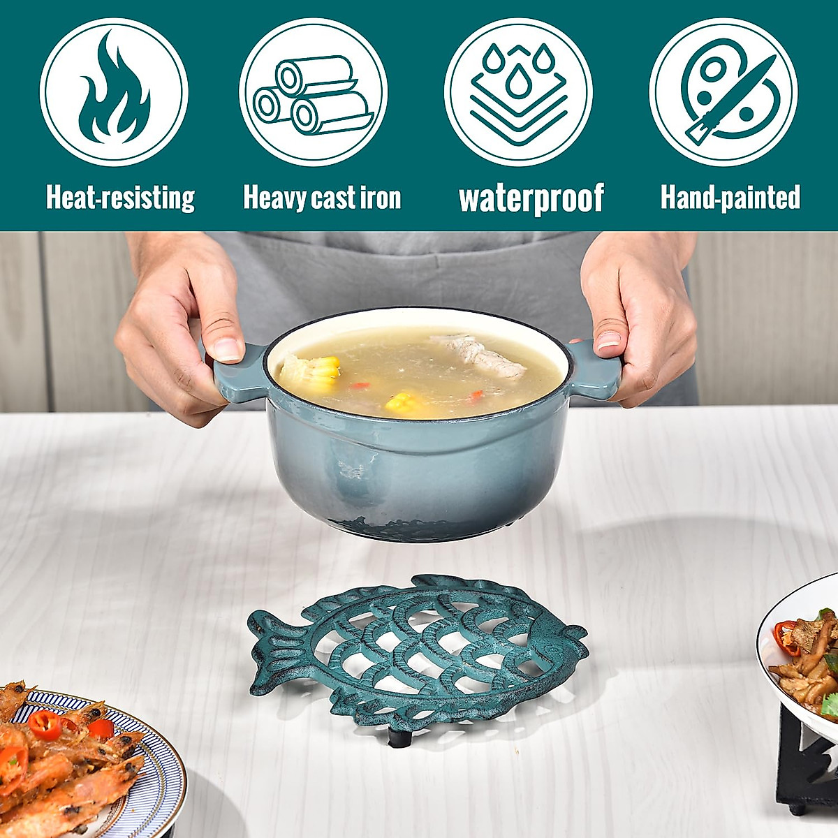 Sungmor Cast Iron Cute Fish Trivet for Wood Stove - Dia-7.5 Inch Dark Green Finish - Rustproof Round Stands for Hot Pots/Dishes/Pans - Decorative Metal Table Trivet for Kitchen Cooking
