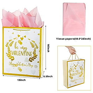 JOYIN 6 Pcs Valentine’s Day Gift Bags with Tissue Paper and Handles, Super Large 5.5 X13 X16 inch, Kraft Bags with 3 Designs for Kids Party Favor, Classroom Exchange Prizes, Present Wrapping