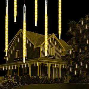 MUEQU Solar Light Outdoor, Waterproof Christmas String Lights Solar LED Meteor Shower Rain Lights Falling Raindrop Light 8Tubes 288LED Fairy Lights for Xmas Tree Garden Party Decor (Warm White)