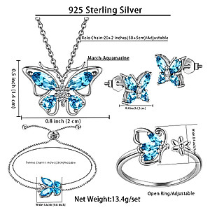 Hipunk Butterfly Blue Jewelry Sets Birthstone Women 925 Sterling Silver March-Auqamarine Birth Stone Animal Butterflies Jewelry Sets/Earring/Ring/Bracelet Set Crystal Birthday Jewelry SS0003M