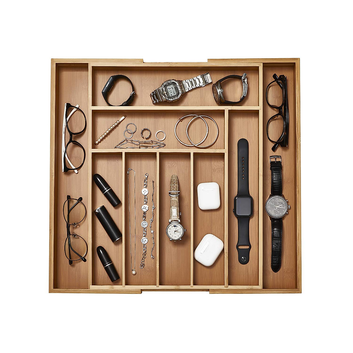 W WOODSUN Bamboo Kitchen Drawer Organizer, Utensil Tray Drawer Organizer, Expandable Flatware Organizer with Divider, Fit for Kitchen Bedroom Clothroom Readroom