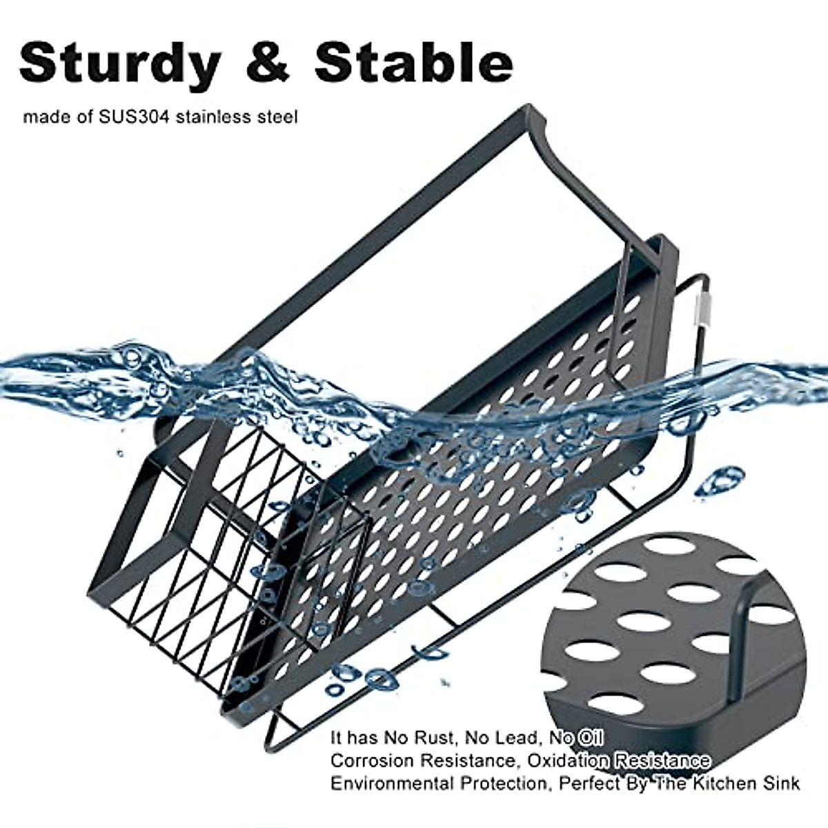 Hittanous Kitchen Sink Caddy, Rustproof Kitchen Sink Organizers with Drain Pan, Kitchen Caddy for Brush Dishcloth Soap and Sponge Holder Kitchen Sink Bathroom Accessories Storage Countertop (Black)