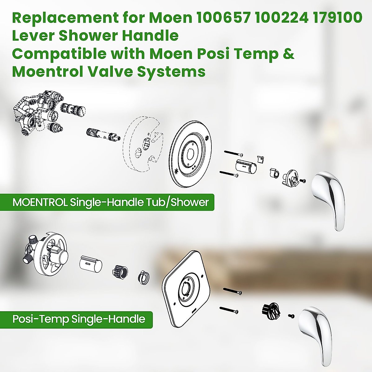 Shower Handle Replacement for Moen 100657 100224 179100 Lever Shower Handle, Compatible with Moen PosiTemp Valve Systems, Lever Shower Handle Kit for Single Handle Tub and Shower Faucets, Chrome