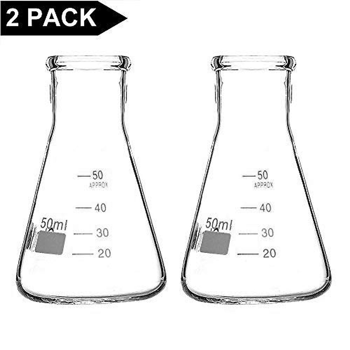 StonyLab 2-Pack Glass 50ml Heavy Wall Narrow Mouth Erlenmeyer Flasks with Heavy Duty Rim - (50ml Fits with StonyLab 4# Rubber Stopper)