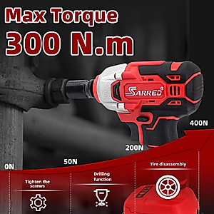 SARRED Cordless Impact Wrench 1/2 Inch, Brushless Impact Driver Max Torque 300 Ft-lbs, 21V Electric Impact Wrench with 4.0Ah Battery and Fast Charger & Variable Speeds for Car Home