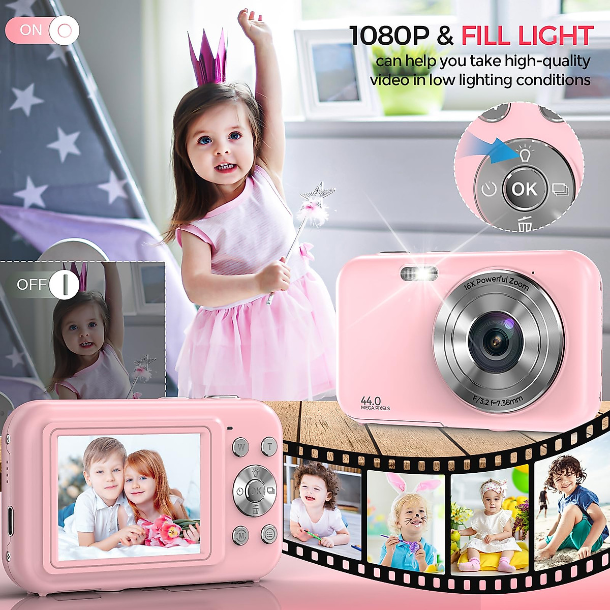 Digital Camera, FHD 1080P 44MP Kids Camera for Photography with 32GB Card, 16X Zoom Point and Shoot Digital Camera with Fill Light, Anti-Shake Compact Small Camera for Teens Boys Girls (Pink)