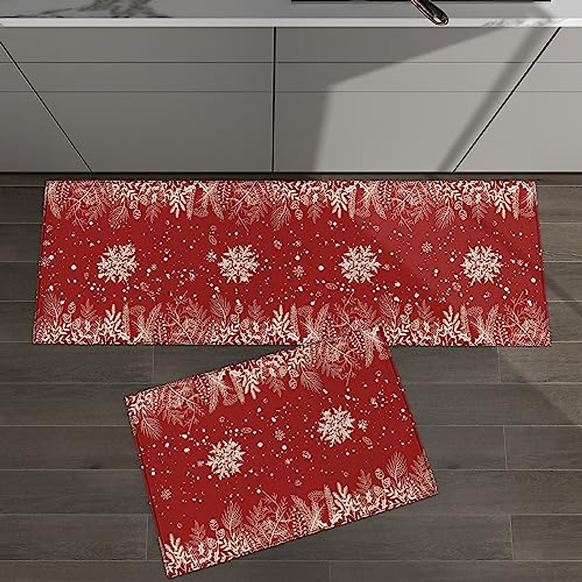 Christmas 2Pcs Kitchen Rugs, Anti Fatigue Kitchen Mat Non Slip Rug Runner Comfort Standing Floor Mats Kitchen Carpet Set for Sink, Laundry - Christmas Snowflakes with Plants Red Texture