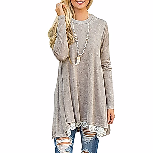 Andaa Women's Crew Neck Long Sleeve Lace Splicing Swing Shirt Dresses Long Tunic Blouses Shirts for Leggings Khaki
