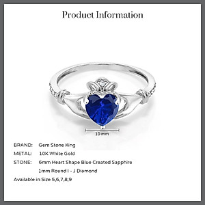 Gem Stone King 10K White Gold Blue Created Sapphire and White Diamond Irish Celtic Claddagh Ring For Women (0.86 Cttw, Heart Shape 6MM, Gemstone Birthstone, Available in size 5, 6, 7, 8, 9)