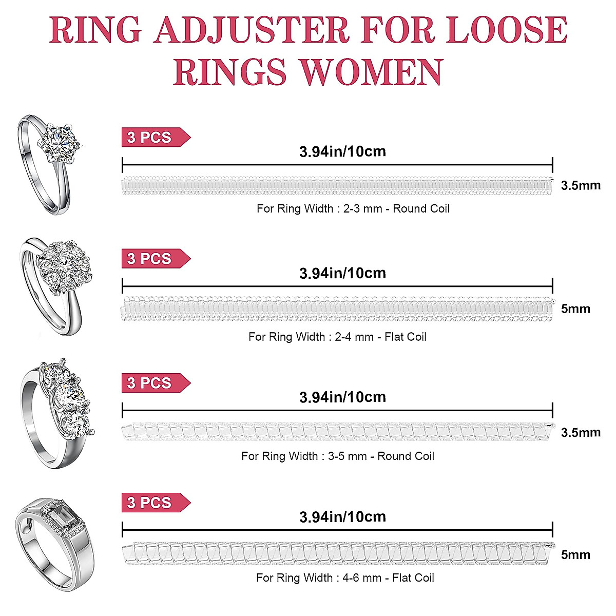 12 Pack Ring Sizers for Loose Rings - 4 Sizes Clear Silicone Ring Size Adjuster, Invisible Ring Guard, Spiral Resizer, and Tightener Spacer, Non-Slip Fit, Adjustable and Comfortable, for Women and Men