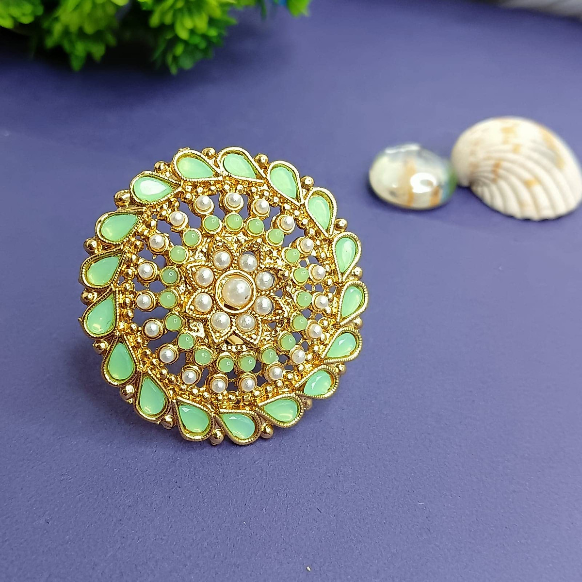 Efulgenz Indian Jewelry Rings for Women Crystal Kundan Rings for Women Antique Round Faux Pearl Crystal Kundan Bollywood Adjustable Big Finger Ring for Women