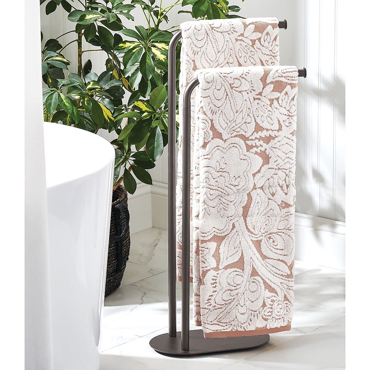 mDesign Tall Stainless Freestanding Towel Rack Holder - 2 Tier Minimalist Pedestal Hanger Holders for Kitchen and Bathroom - Racks for Bath, Hand, Dish, and Tea Towels or Washcloths - Bronze