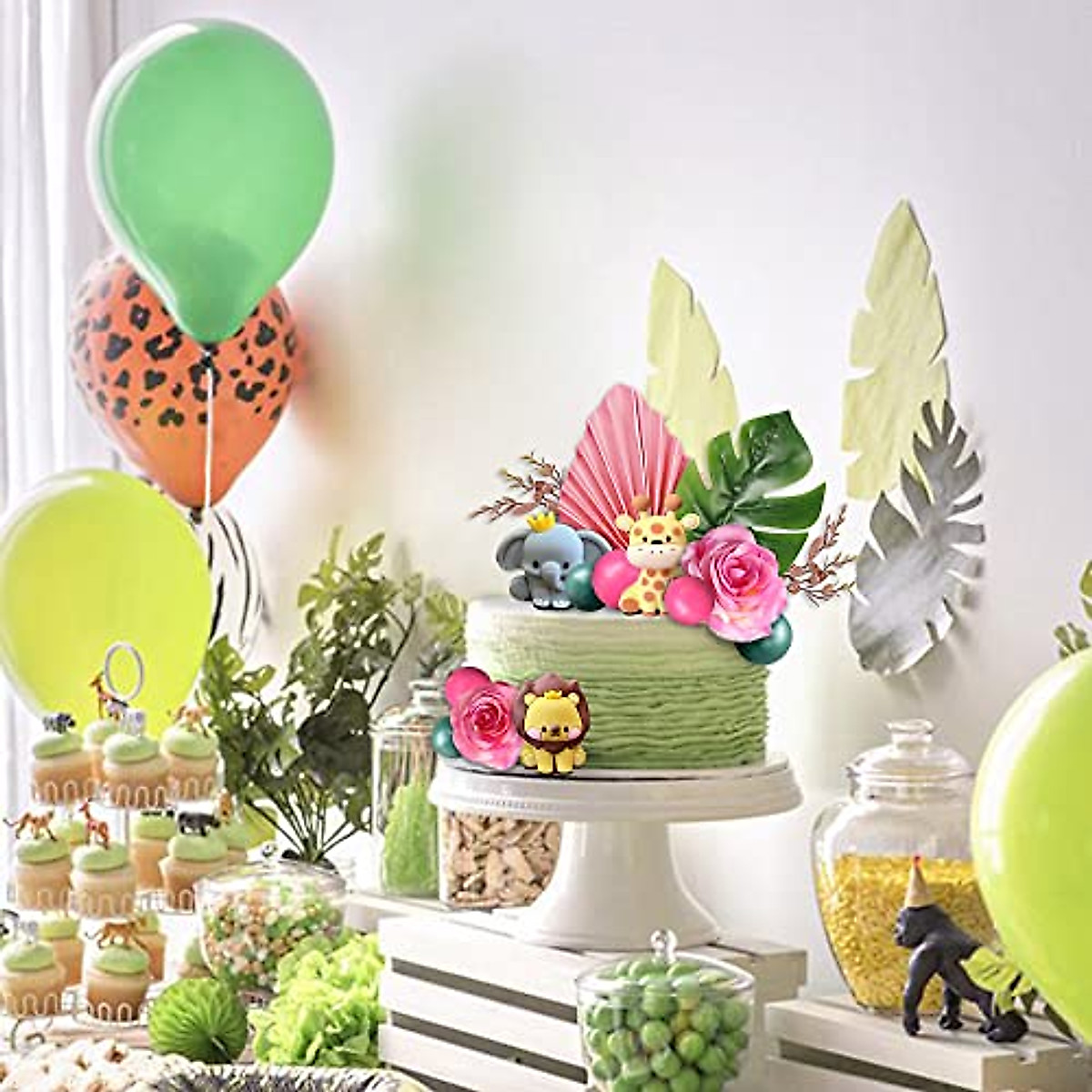 UFROMSKY 22pcs Safari Jungle Animal Cake Toppers Flower Balls Cake Decoration with Boho Palm Leave Forest Animal Toys and Artificial Flowers for Boys Girls Safari Theme Birthday Party Supplies