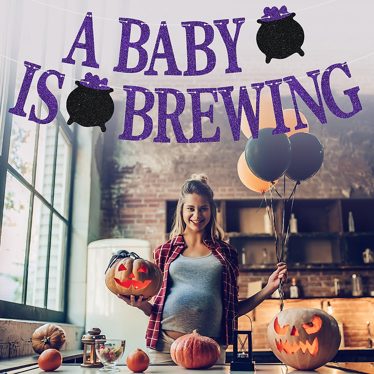 A Baby is Brewing Banner, Baby Shower, Gender Reveal Backdrop, Glittery Halloween Themed Welcome Baby Boy or Girl Party Decorations